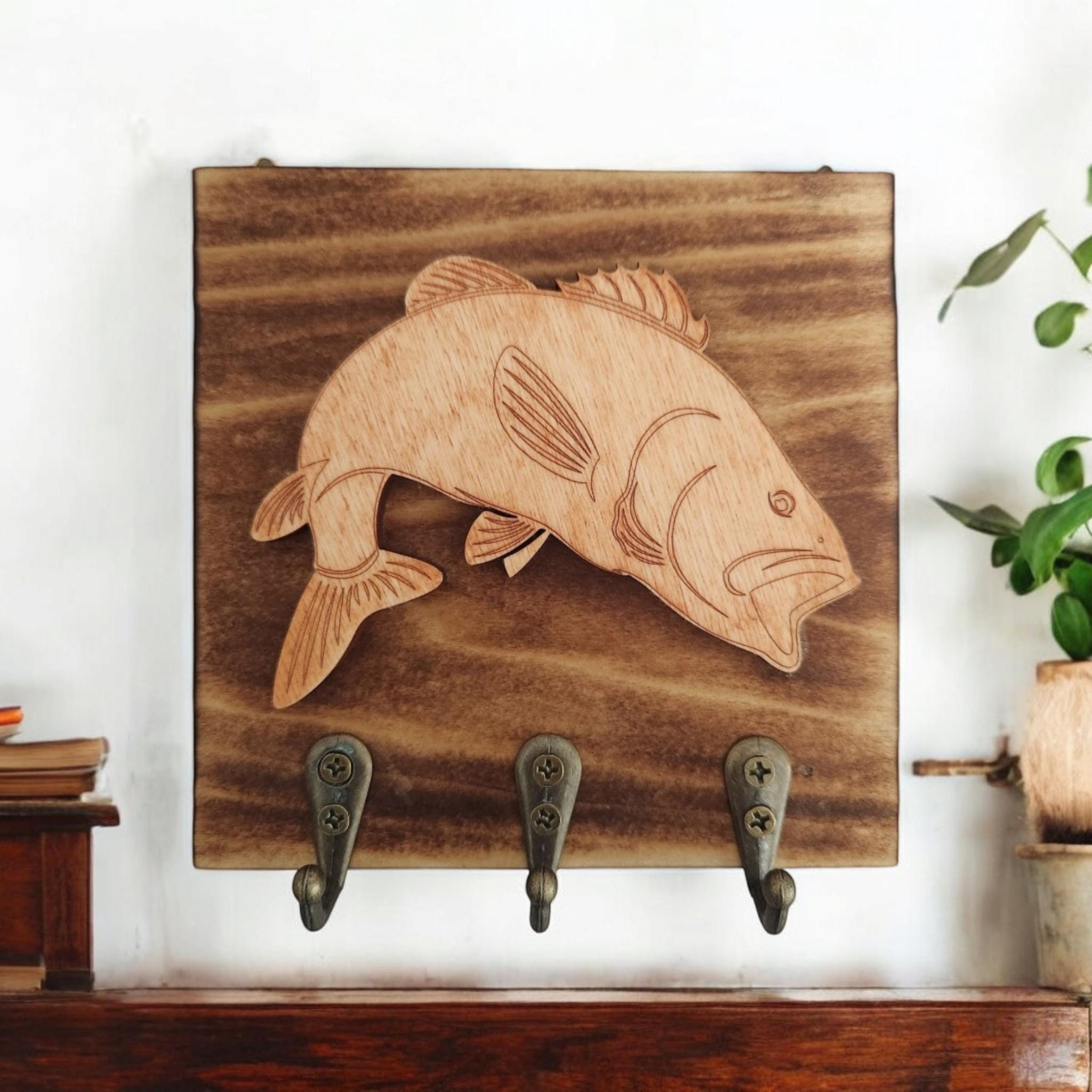 Bass Key Holder Rustic Wood Wall Hanging Key Holder Fishing Wall Decor ...