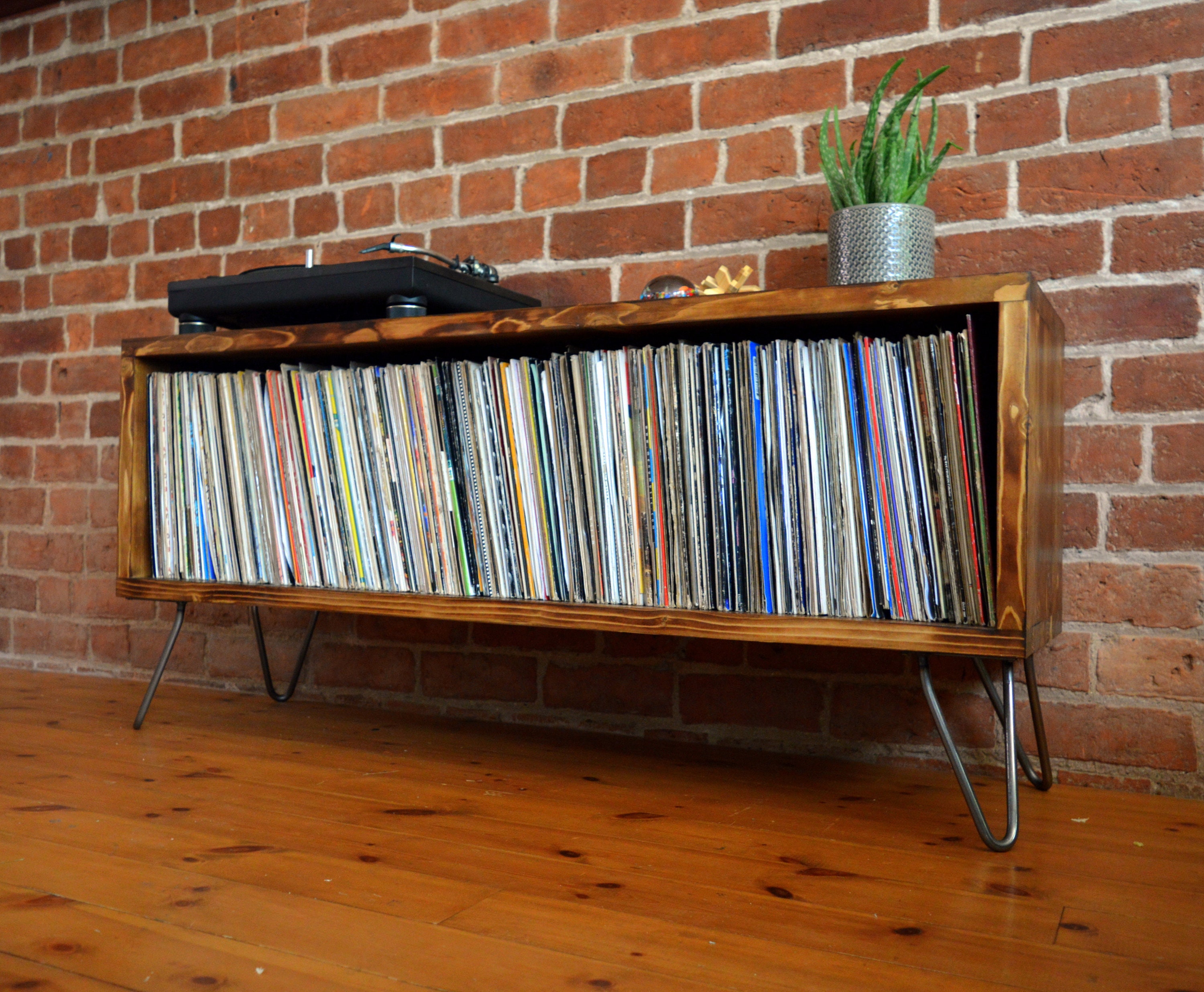 Mid Century Modern Vinyl Storage Unit With Hairpin Legs and Charred ...