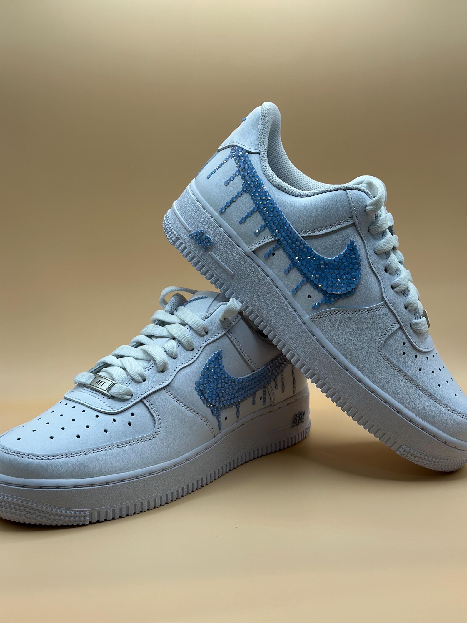 Blue Custom Drip Women's Nike Air Force 1 White Sneakers Blinged W ...