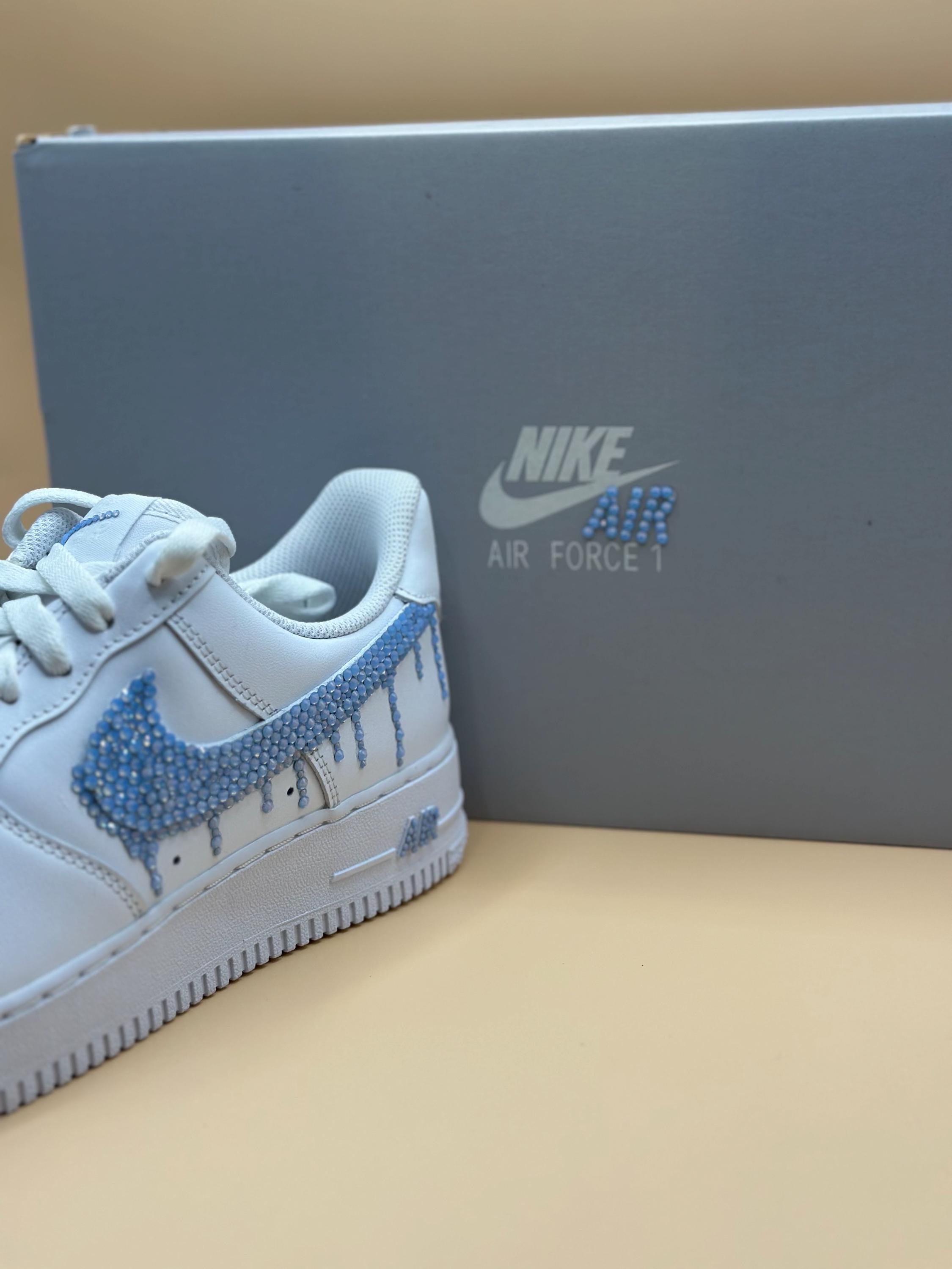 Blue Custom Drip Women's Nike Air Force 1 White Sneakers Blinged W ...