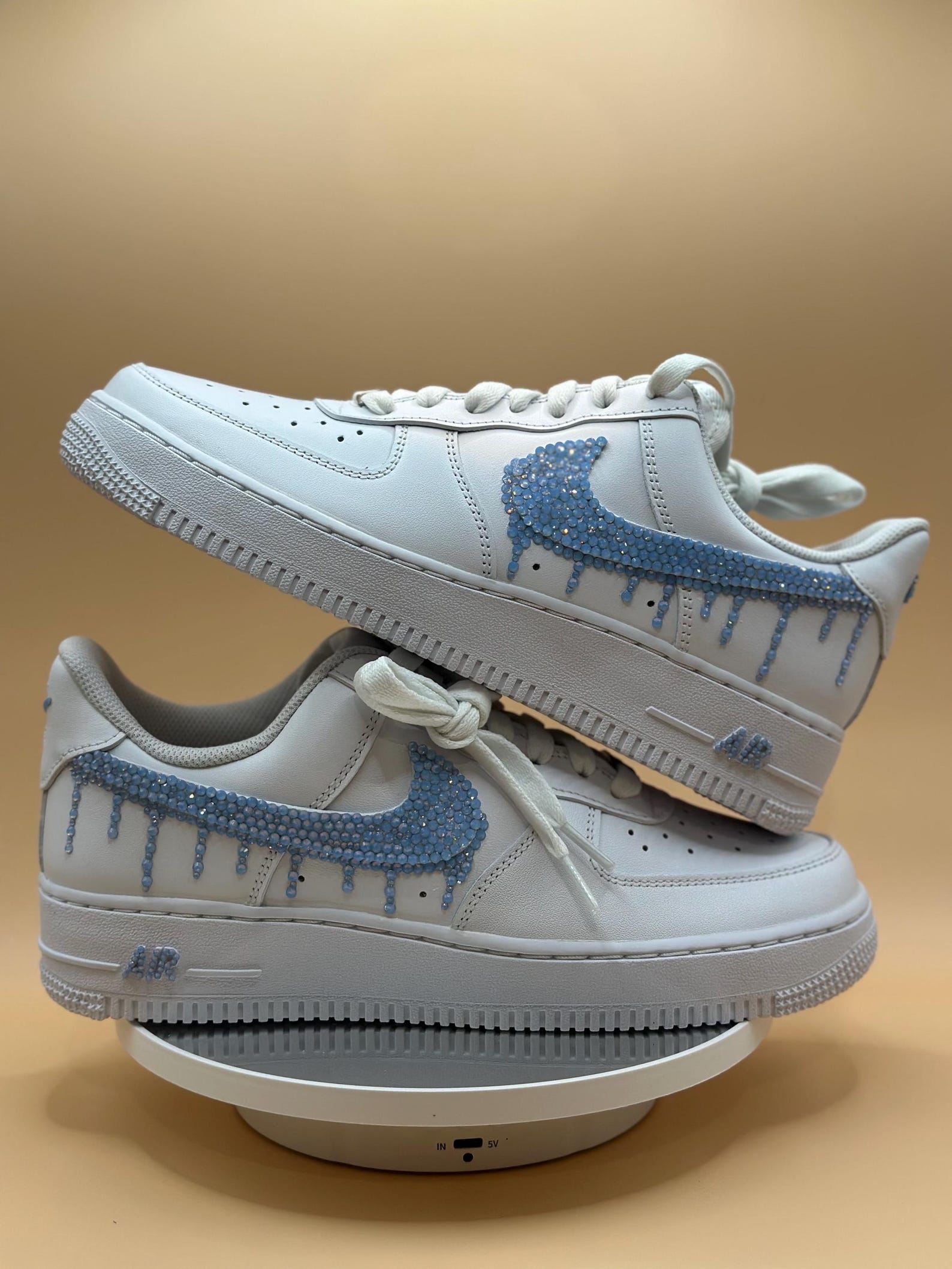 Blue Custom Drip Women's Nike Air Force 1 White Sneakers Blinged W ...