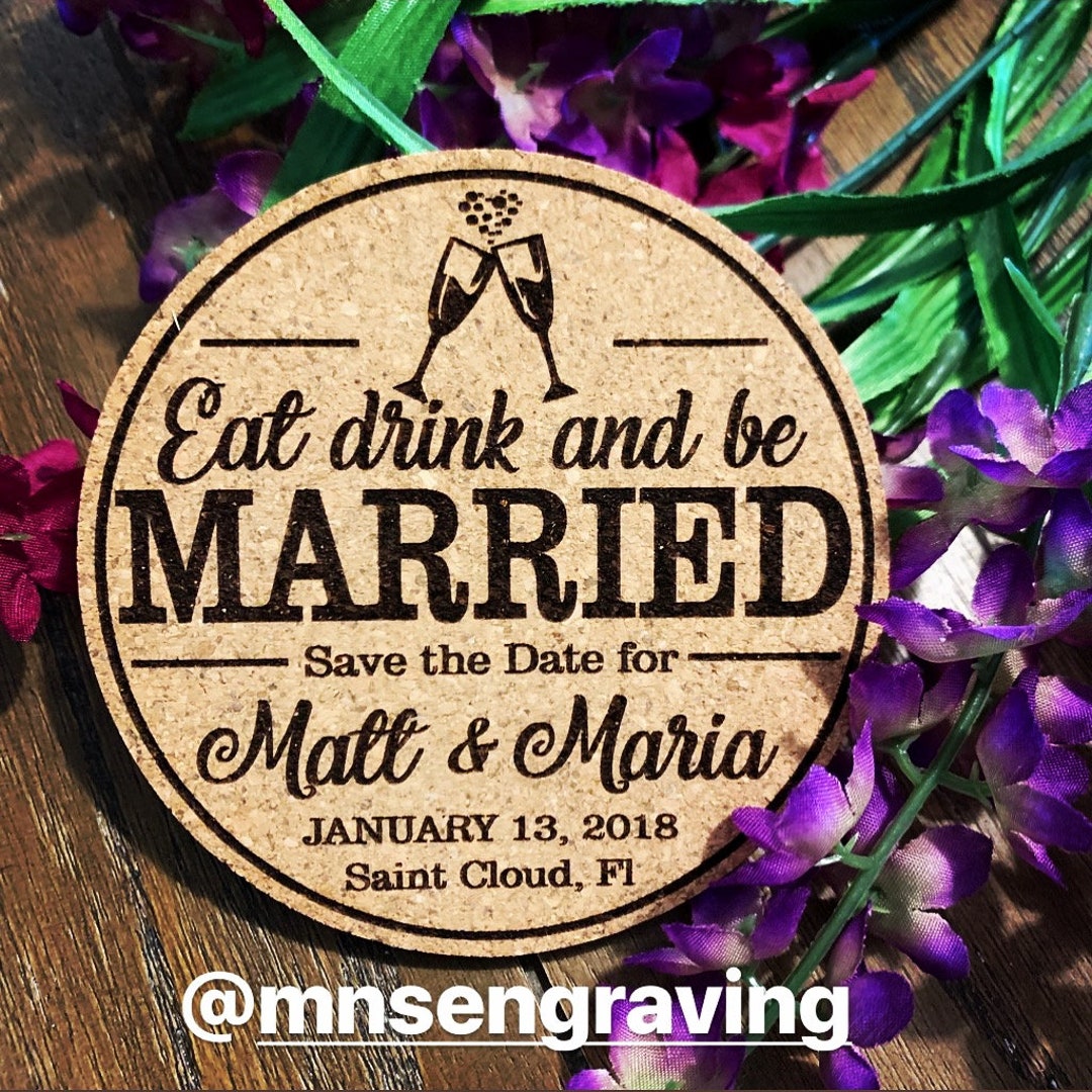 Eat Drink and Be Married Save the Date Cork Coasters, Save the Date, Wedding Invitations ...