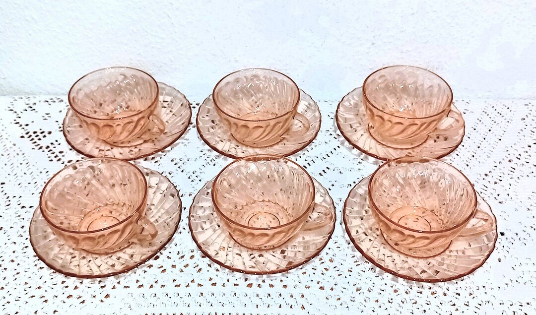 6 Rosaline Pink Glass Tea or Coffee Cups Saucers - Etsy