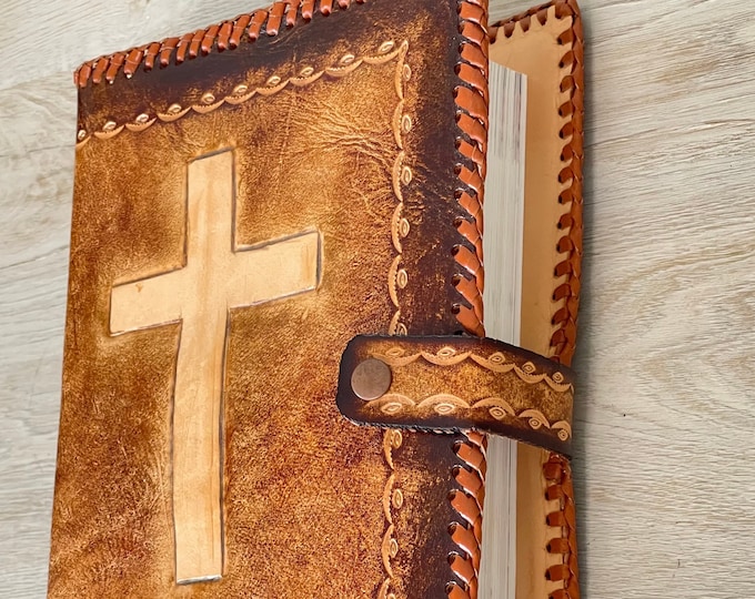 Western Style Bible Cover With Cross, Honey Brown Leather Bible Cover ...