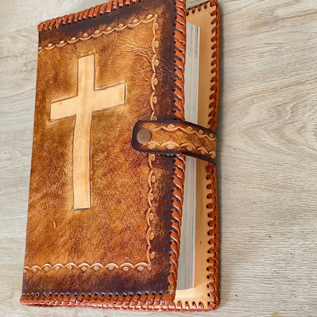 Western Style Bible Cover With Cross, Honey Brown Leather Bible Cover ...