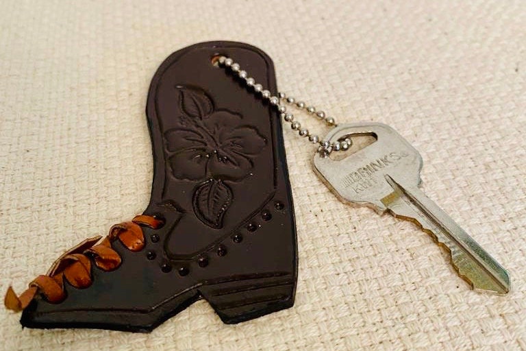 Leather Cowboy Boot Keychain Western Key Fob Floral Design | Etsy