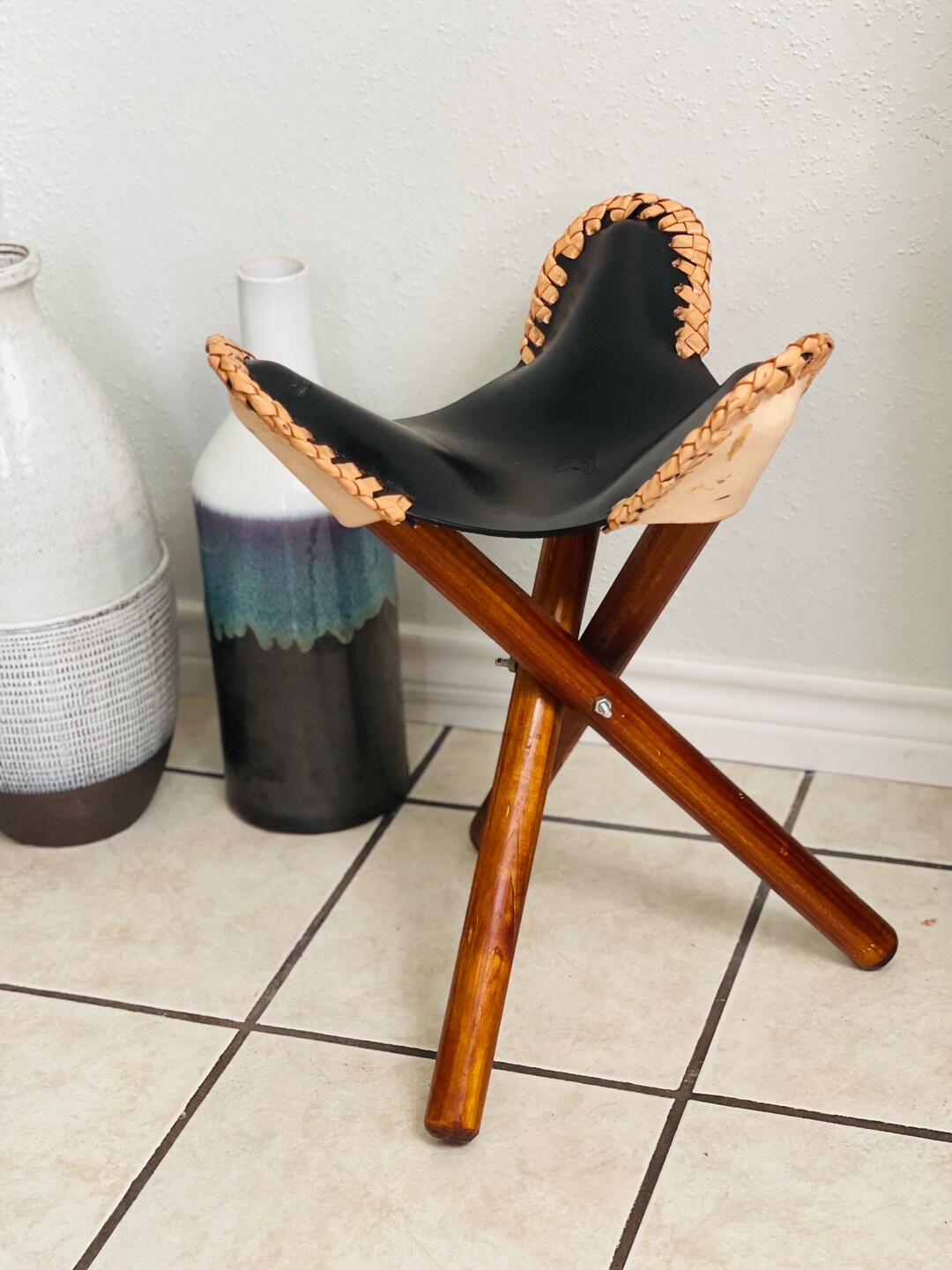 3-legged Leather Stool, Black Portable Stool, Housewarming Gift ...