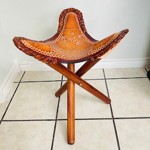Boho Accent Chair, Vintage Leather Stool, Unique Folding Stool - Etsy