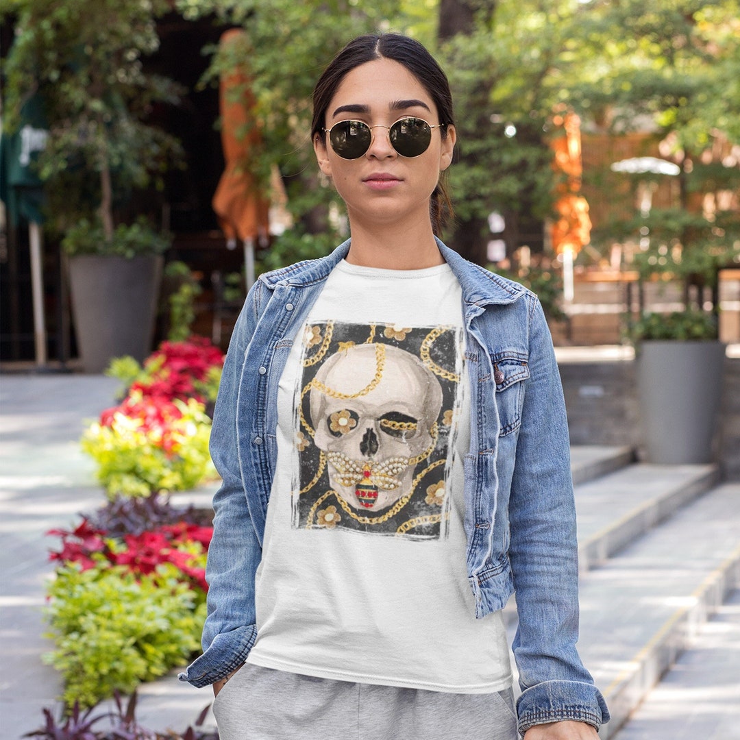 Silent Skull Shirt, Jeweled Skull Shirt, Fashion Skull Skeleton Tee ...