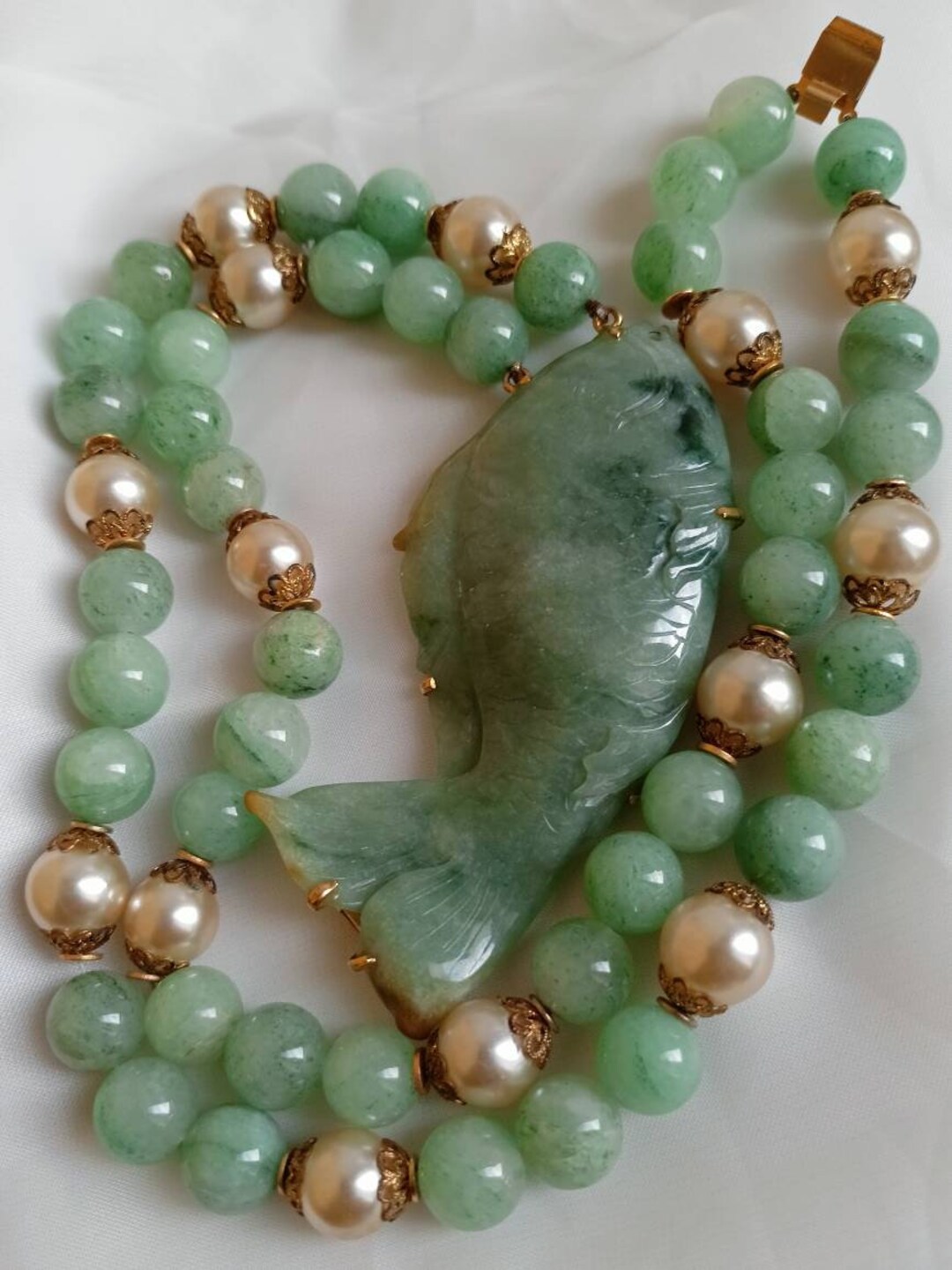 Vintage Jade Necklace, Carved Jade Fish, Jade and Pearls Handmade ...
