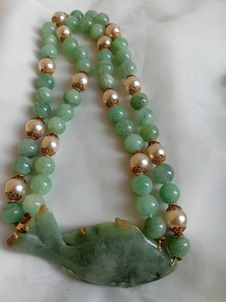 Vintage Jade Necklace, Carved Jade Fish, Jade and Pearls Handmade ...