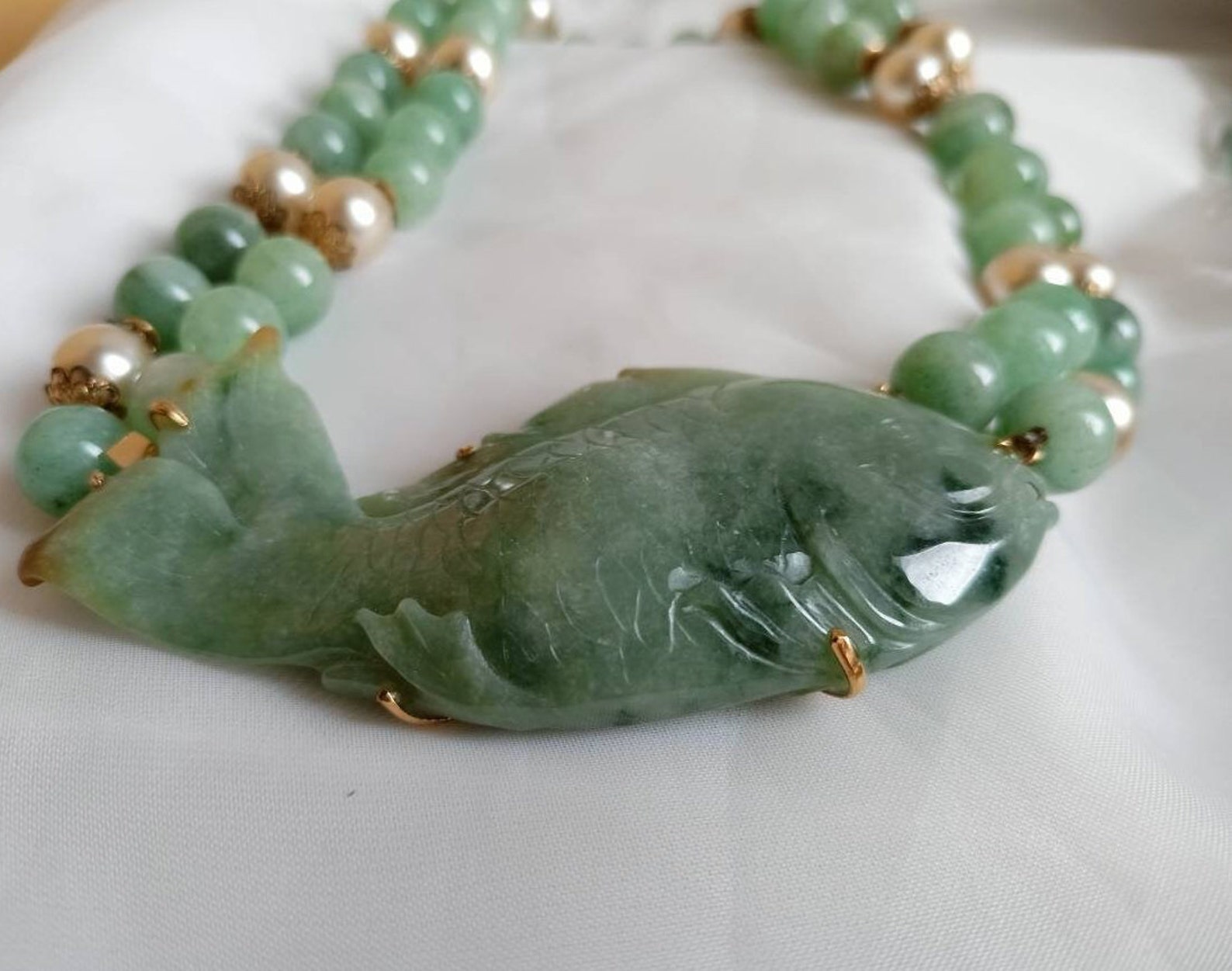 Vintage Jade Necklace, Carved Jade Fish, Jade and Pearls Handmade ...