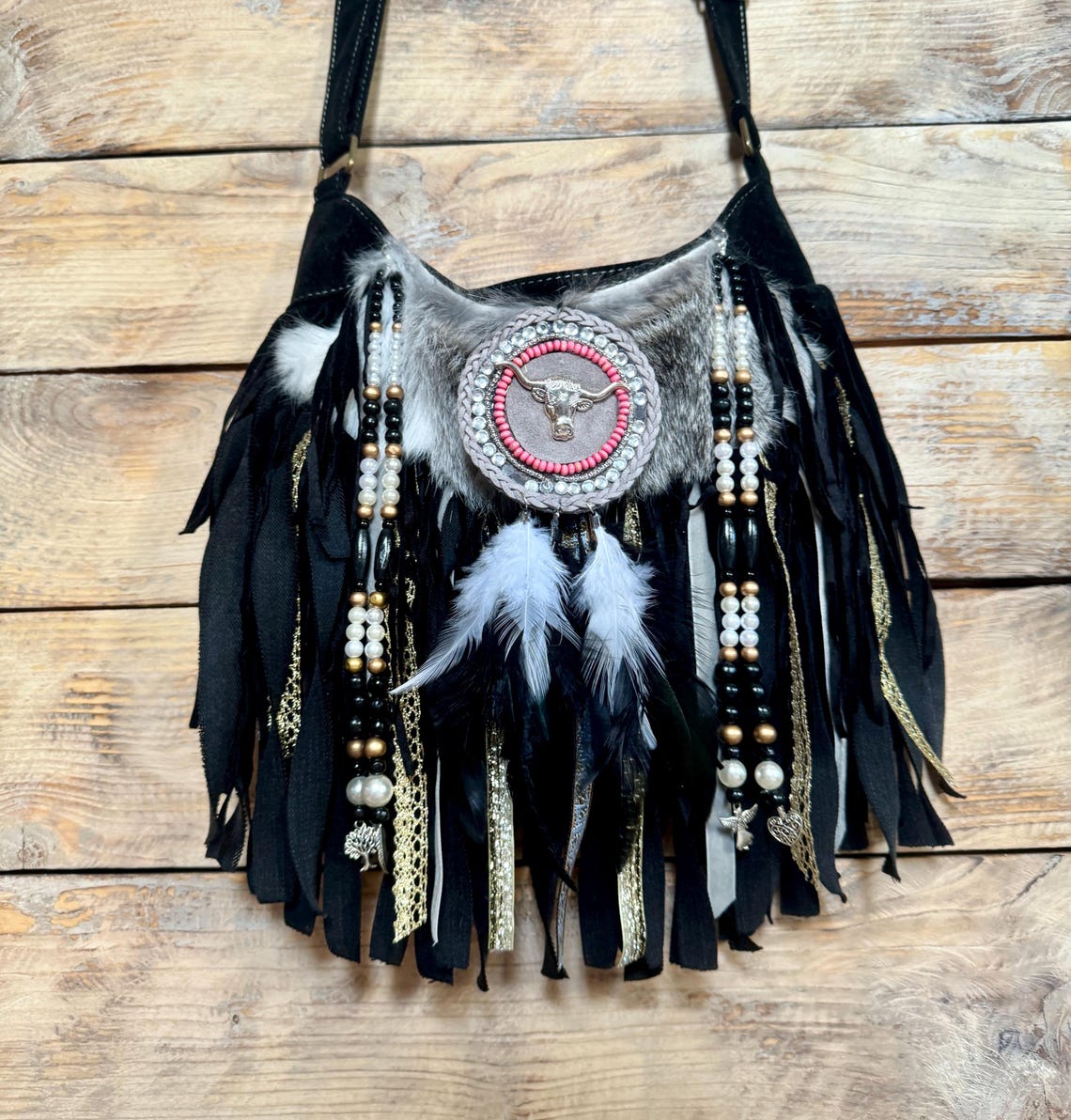 Black Velvet Fringe Boho Chic Purse With Turquoise Details - Shoulder ...