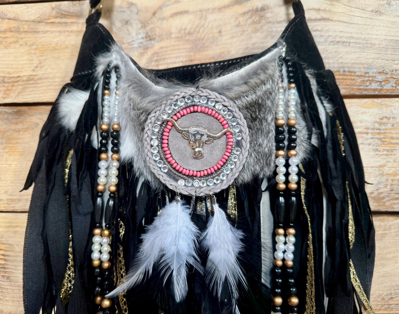 Black Velvet Fringe Boho Chic Purse With Turquoise Details - Shoulder ...