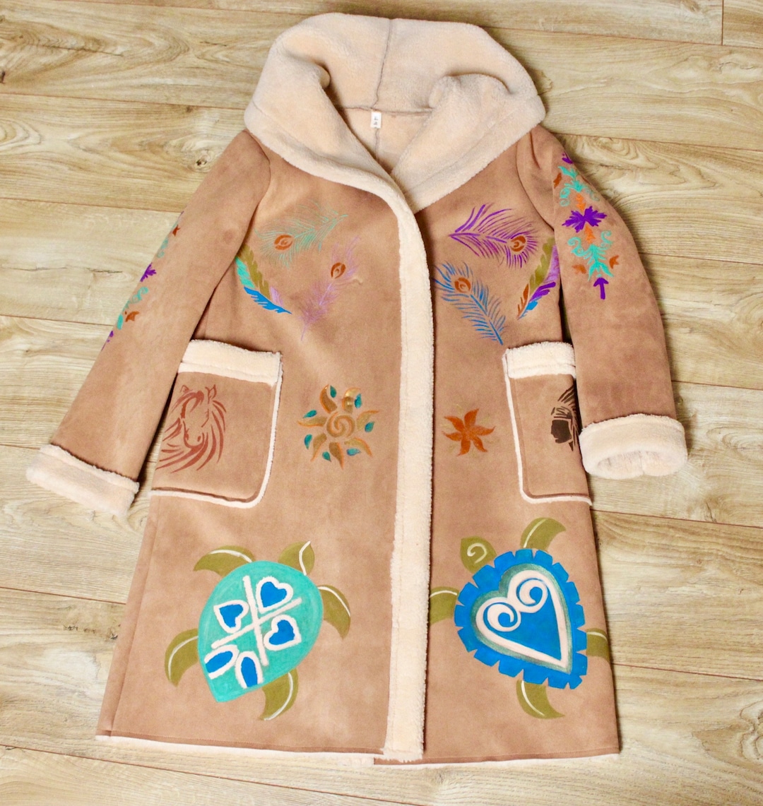 Long Boho Suede Winter Coat Hand Painted Bohemian Coat - Etsy