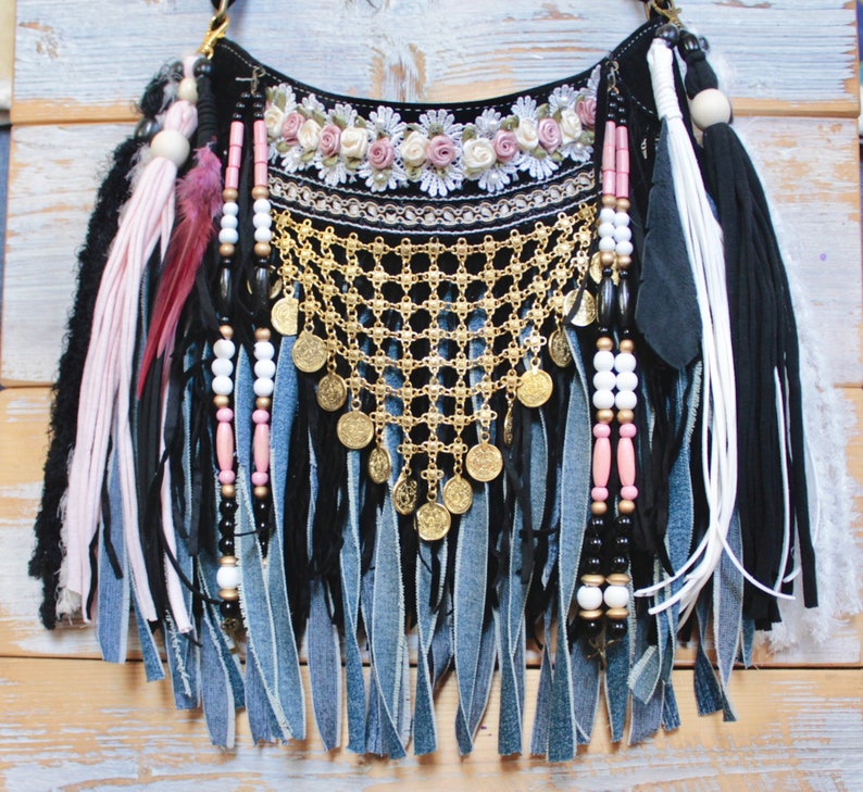 Black Velvet Boho Chic Bag With Jewelry, Beads and Tassels - Etsy