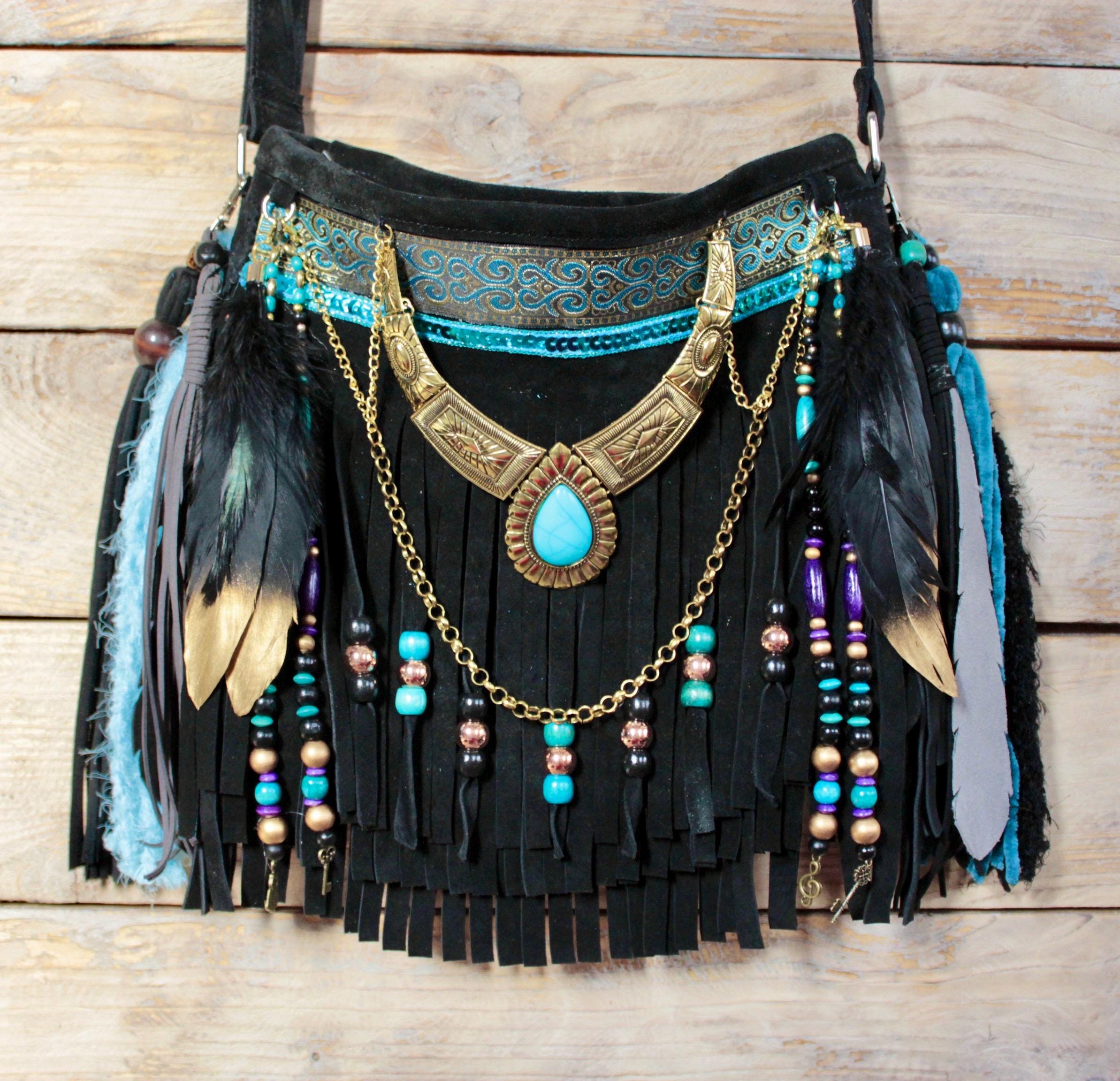 Black Leather Boho Fringe Bag, Green Embellished Leather Purse With ...