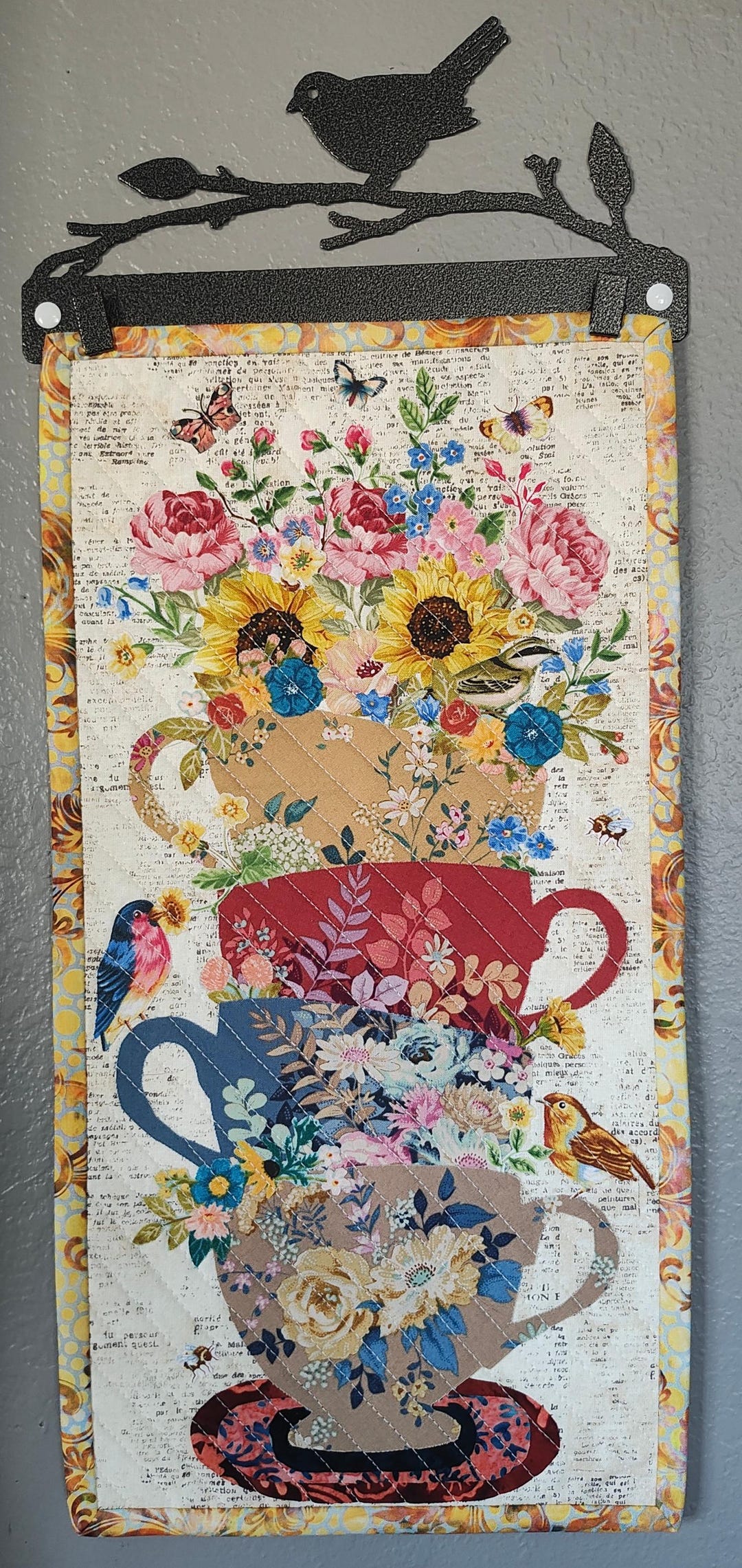 Small Floral Stacked Tea Cups Quilted Wall Hanging With Metal Bird ...