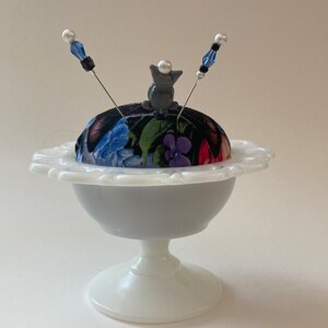 Vintage Milk Glass Pin Cushion and Tool Holder With Scissors and Custom Pins, Cat Pin Cushion - Etsy