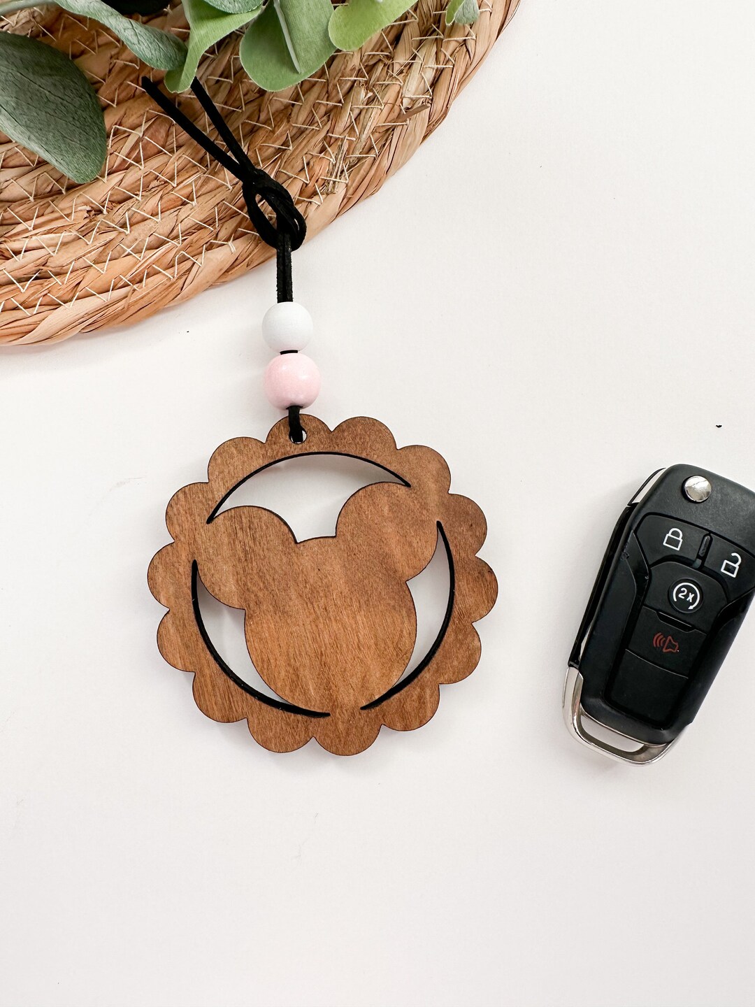 Customizable Scalloped Edge Mickey Mouse Car Charm With Wooden Beads - Etsy