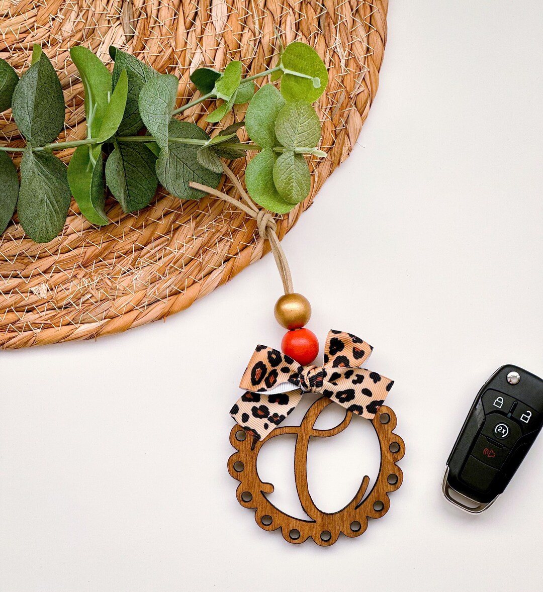 Scalloped Edged Monogram Car Charm With Customizable Beads and Bows - Etsy