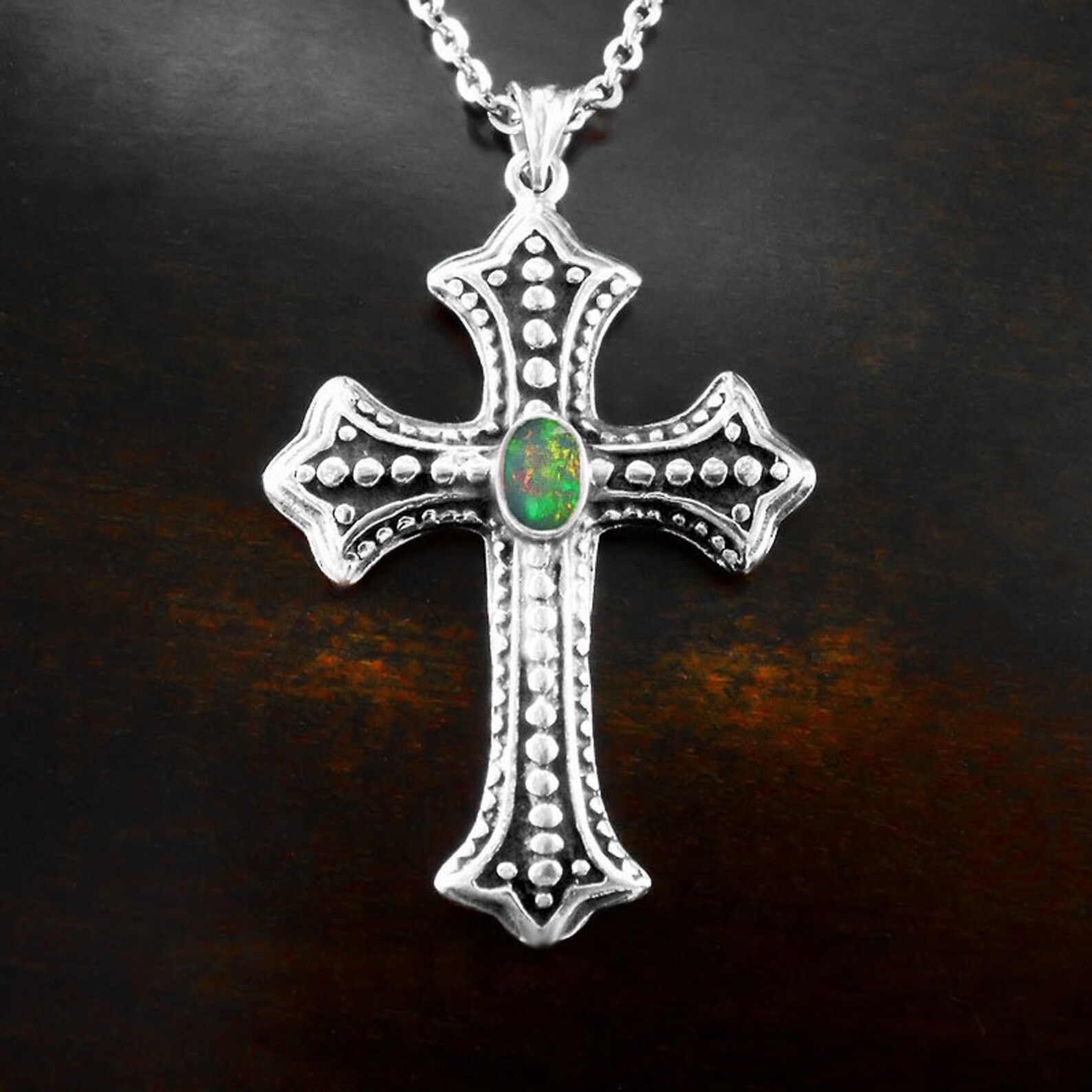 Opal Cross Necklace Vintage Cross Medieval Cross Silver - Etsy