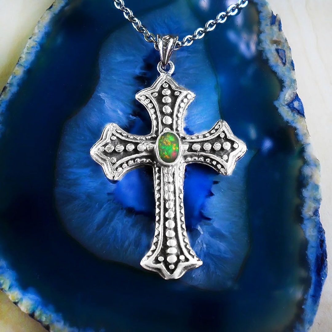 Opal Cross Necklace, Vintage Cross, Medieval Cross, Silver Cross ...