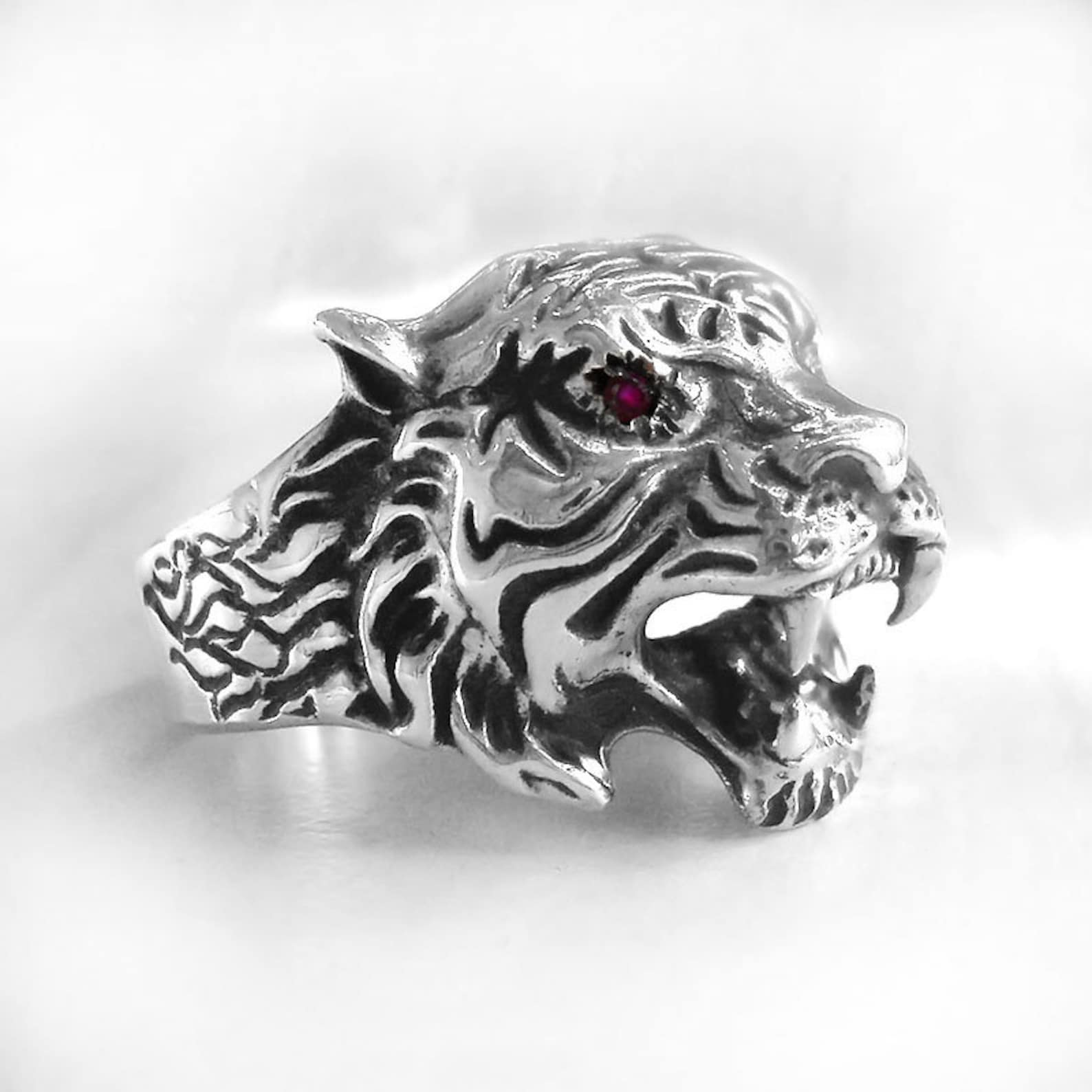 Silver Ring Men Tiger Ring Silver Ruby Ring Tiger Head - Etsy