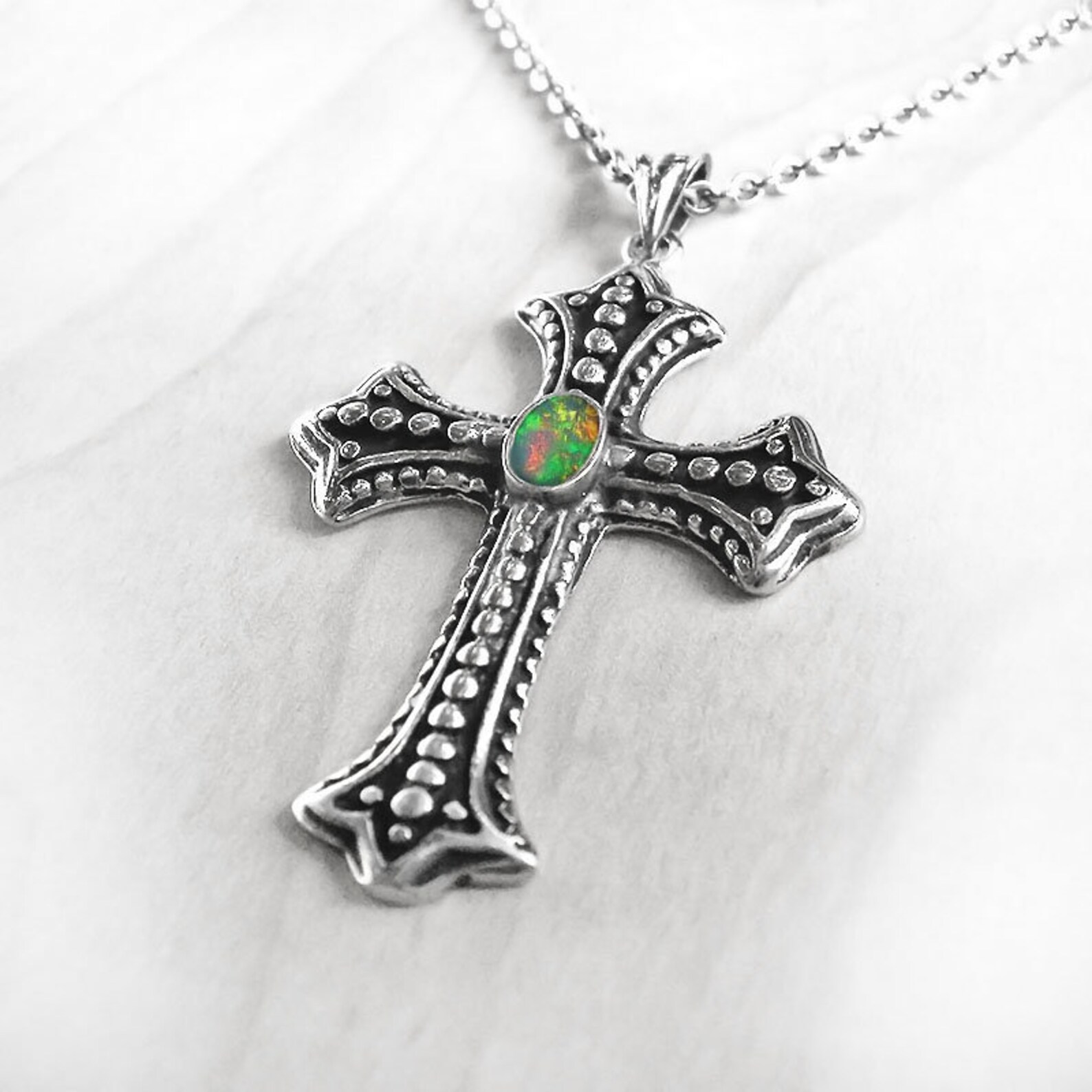 Opal Cross Necklace Vintage Cross Medieval Cross Silver - Etsy