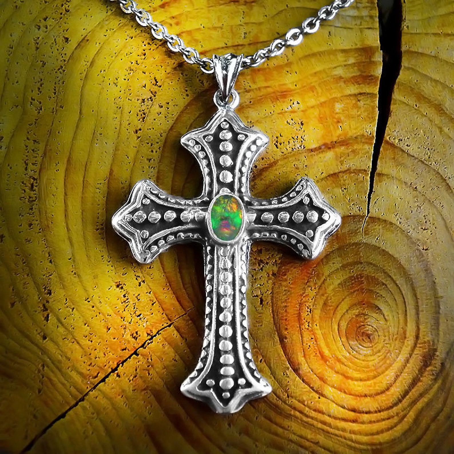 Opal Cross Necklace Vintage Cross Medieval Cross Silver - Etsy