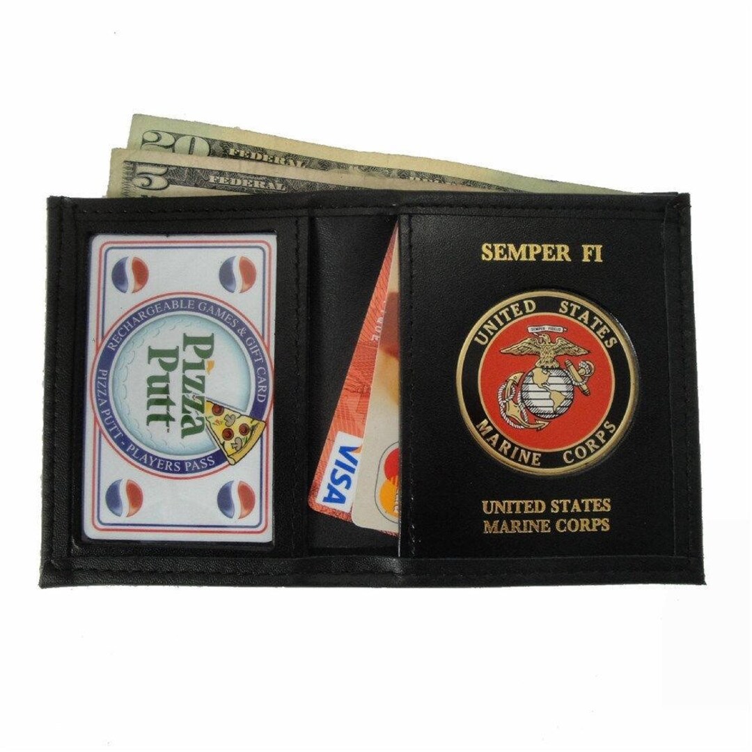 USMC United States Marine Corps Military Mens Black Leather Bi Fold ...