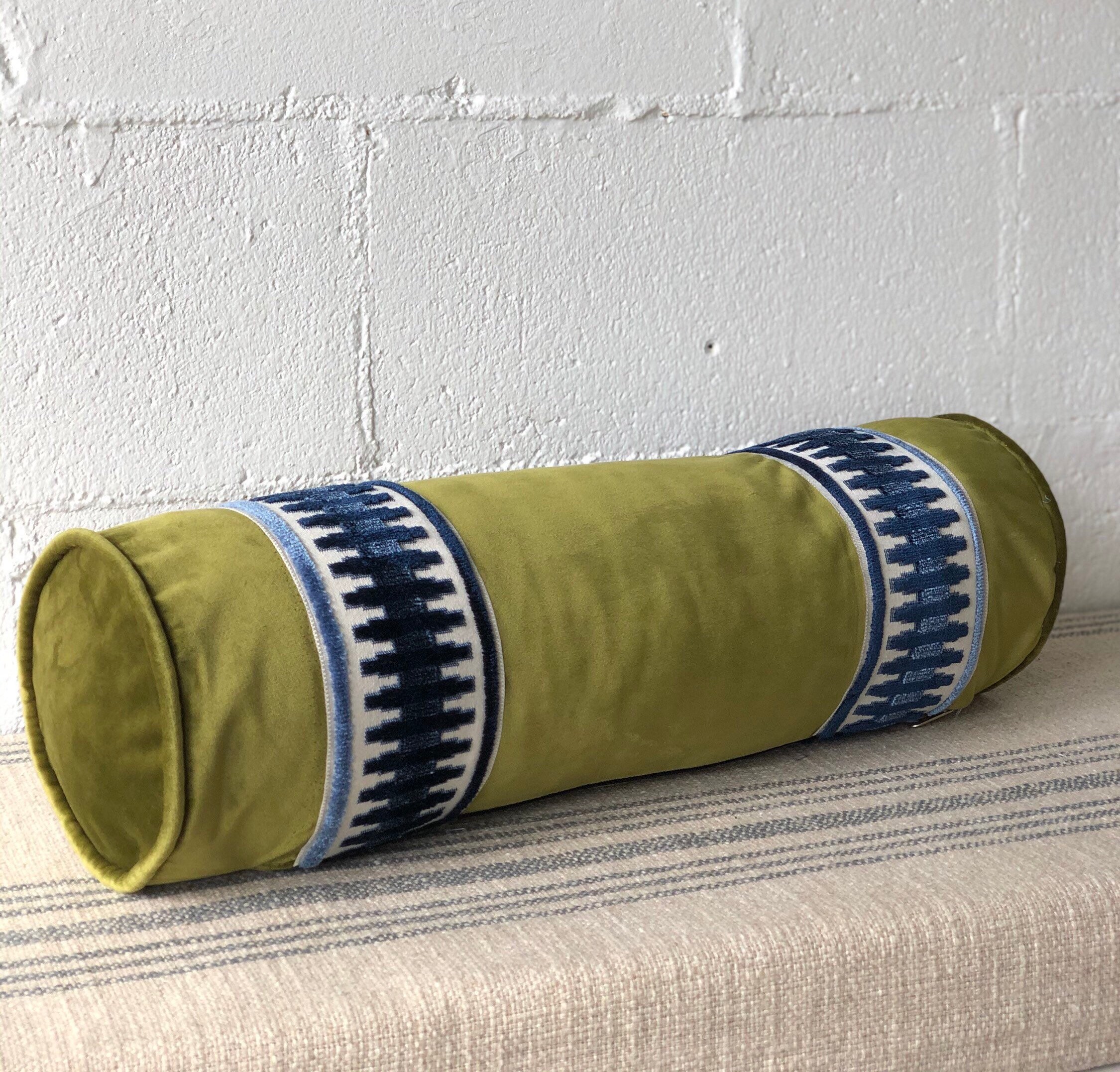 Round Bolster Designer Velvet Apple Green With Designer Tape Navy Blue ...