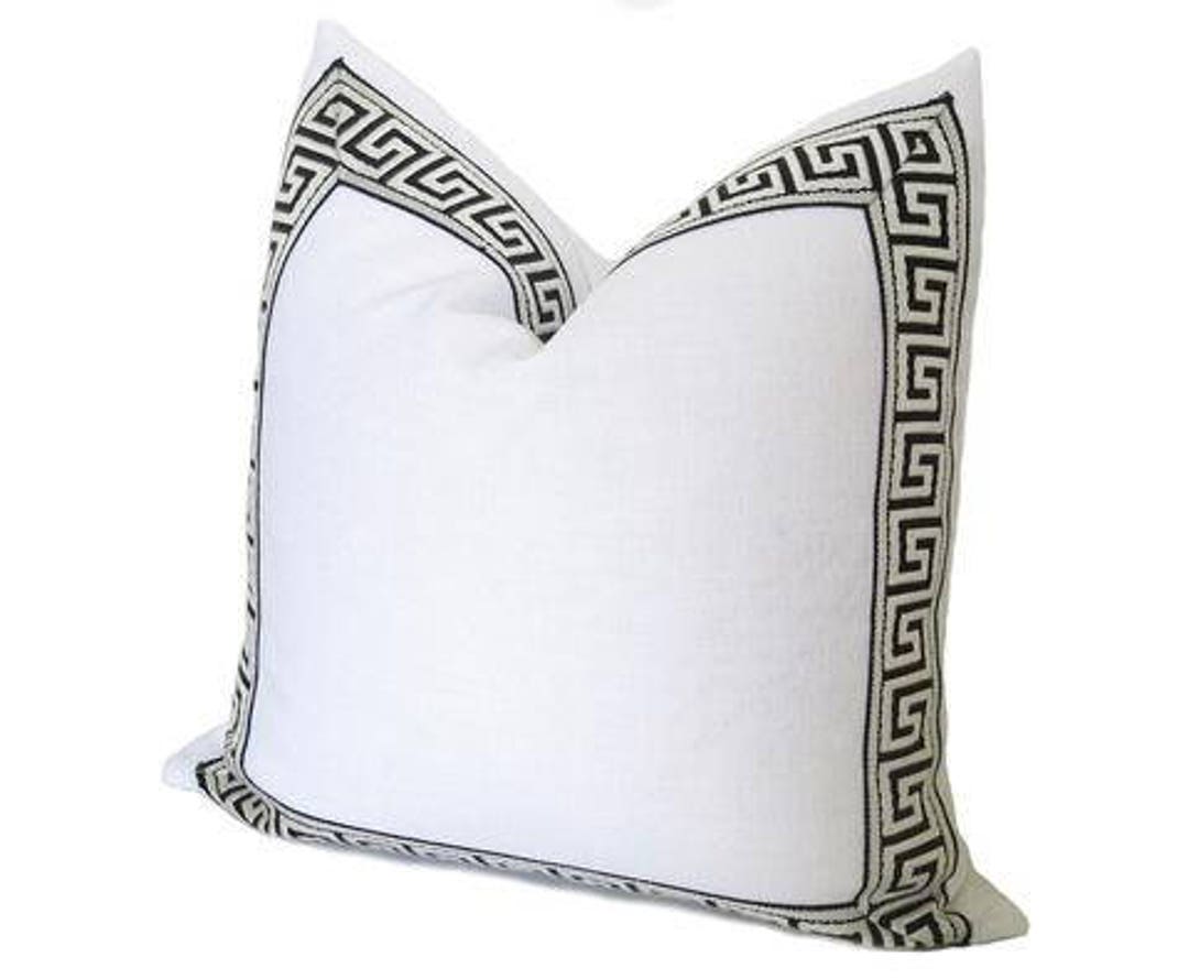 White Italian Designer Linen Pillow Cover Black Greek Key Ribbon Trim ...