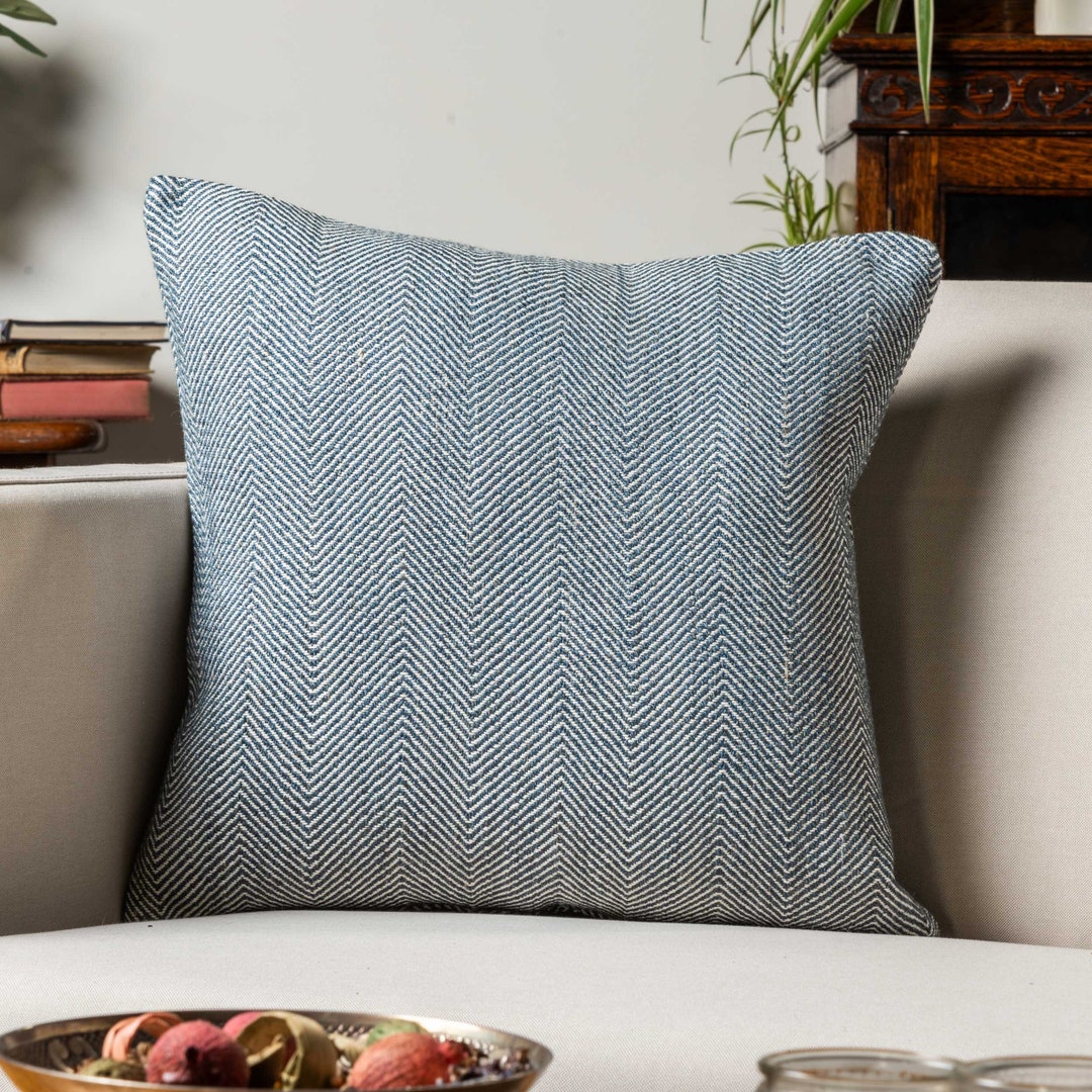 Faux Wool Linen Blend Herringbone Cushion in Navy Blue. Traditional ...