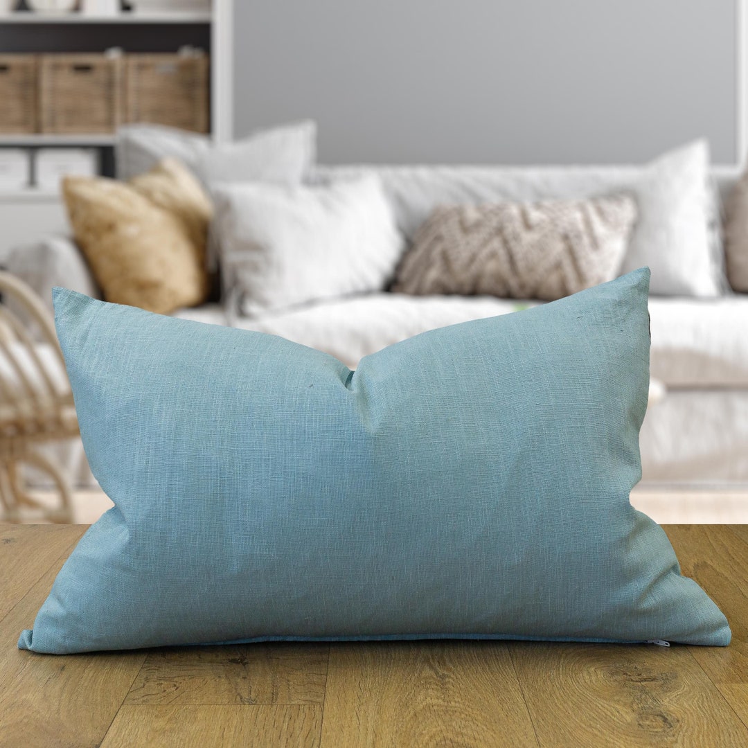 100% Linen XL Rectangular Cushion Cover. Plain Aqua Blue Linen Cushion ...