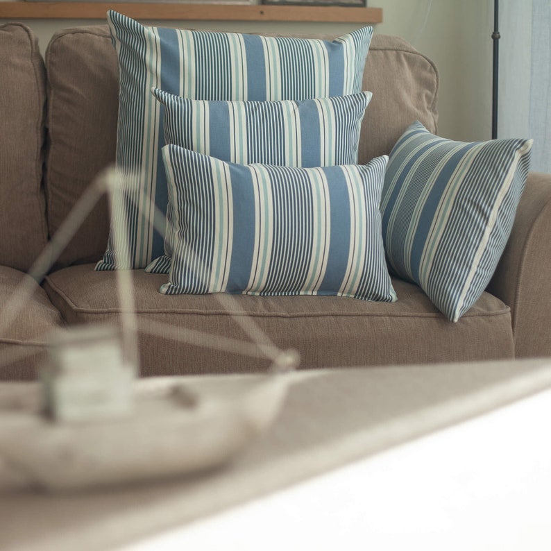 Coastal Stripe Cushion in Navy Blue. Classic Nautical Striped Pattern ...