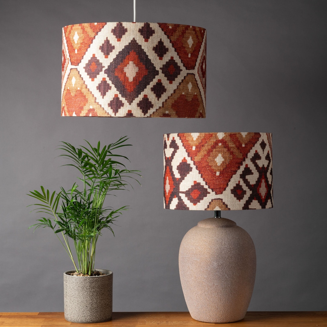 Linen Kilim Turkish Style Lampshade. Geometric Ikat Terracotta and Rust ...