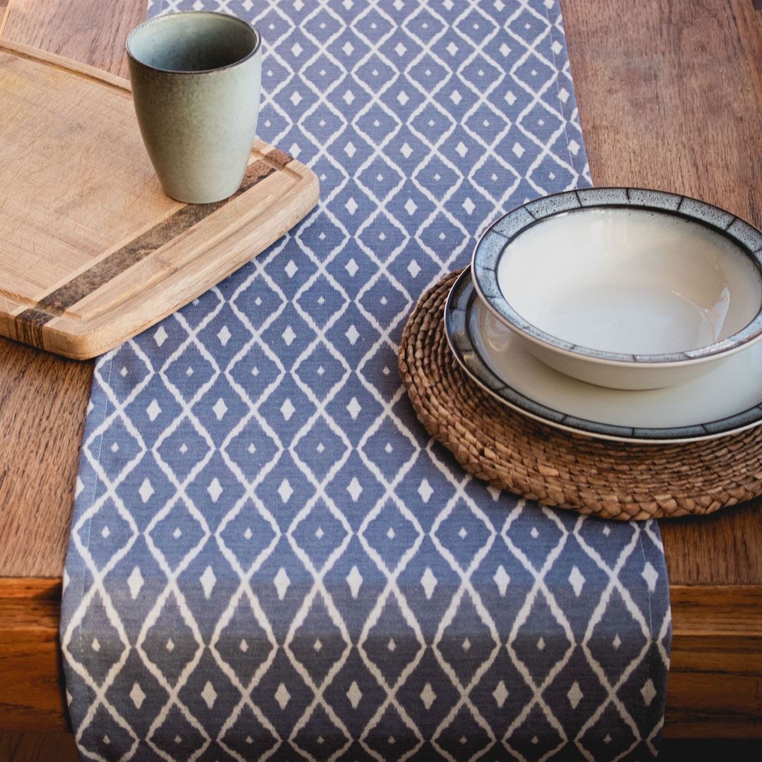 Tresco Table Runner in Denim Blue. Cottagecore Style, Geometric Diamond ...