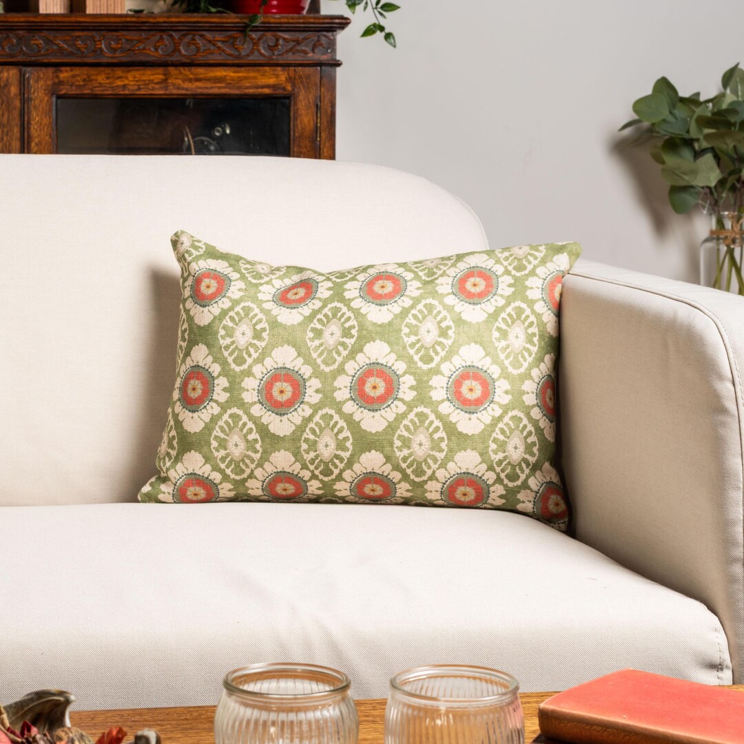 Mandala Motif Linen Print Boudoir Cushion Cover in Green. Linen-blend ...