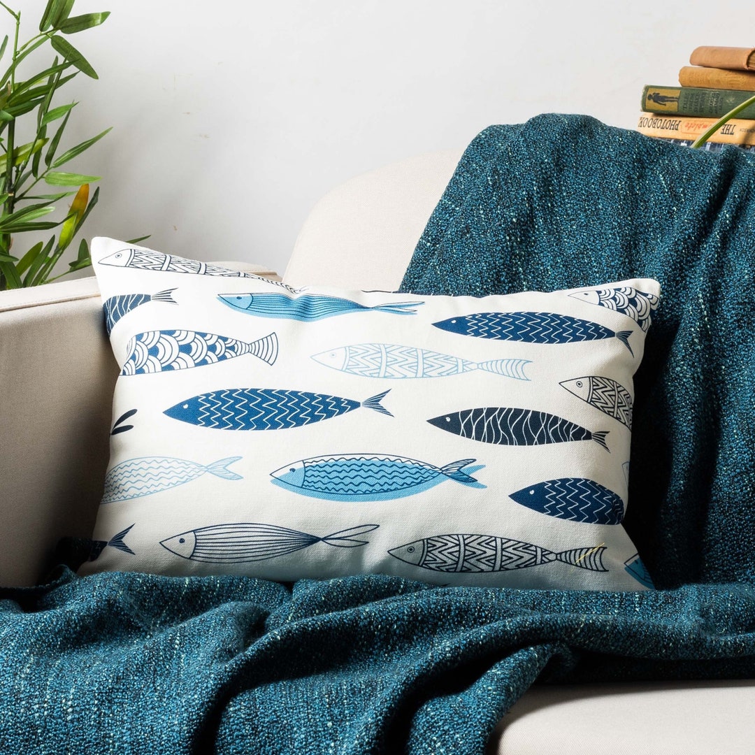 Atlantic Fish Print Boudoir Cushion Cover. Nautical Blue and White ...