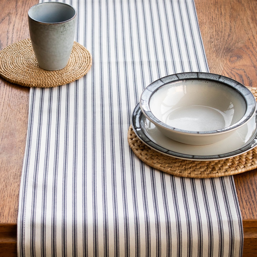 Nautical Cotton Ticking Stripe Table Runner in Grey. Made From 100% ...