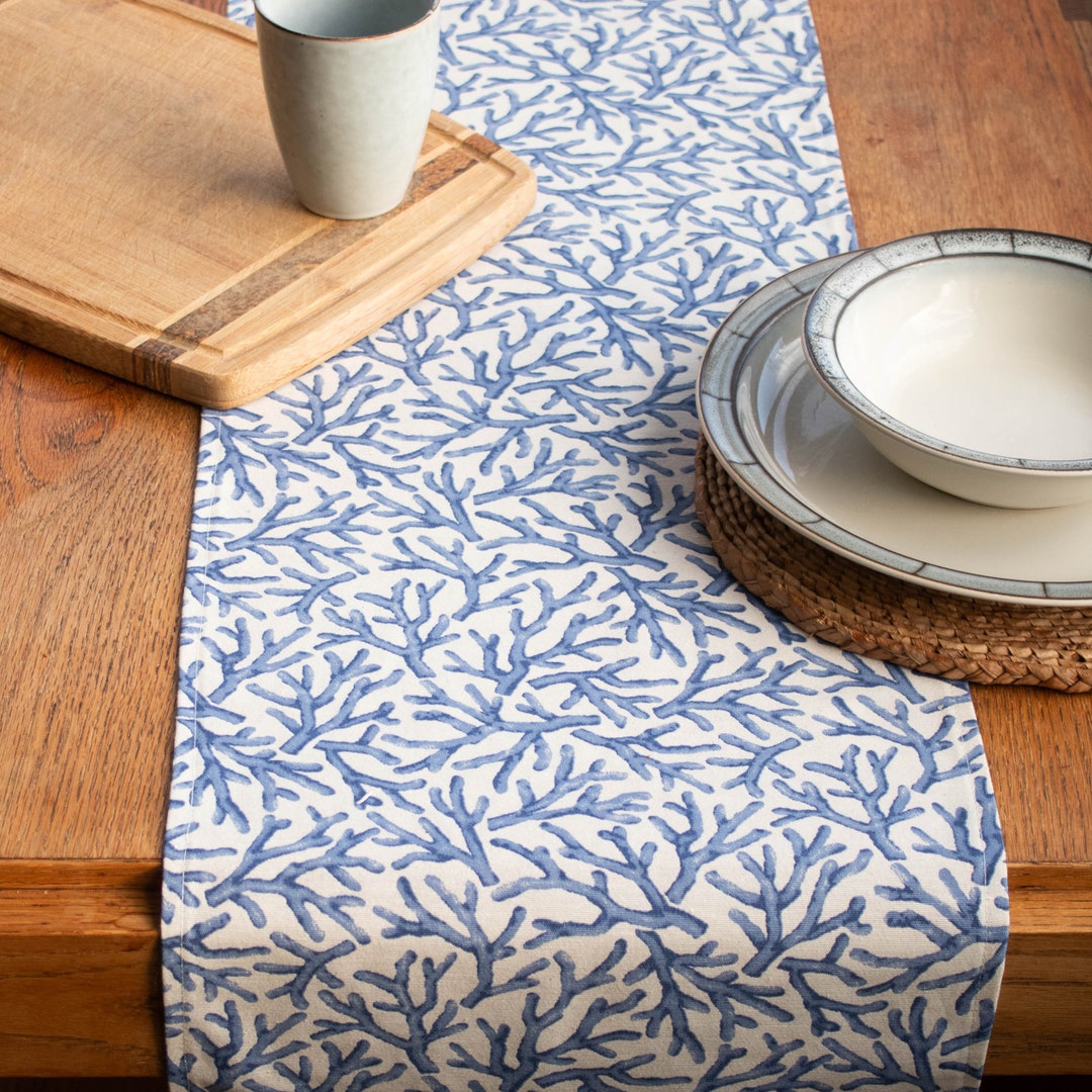 Coral Reef Table Runner in Blue and White. Nautical Seaside Home, Dinner Party Table Decoration ...