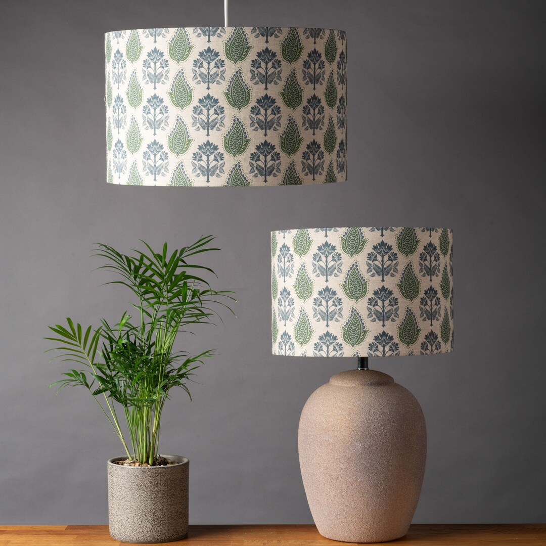 Cotswold Countryside Motif Lampshade. Cottagecore Green and Blue Floral ...