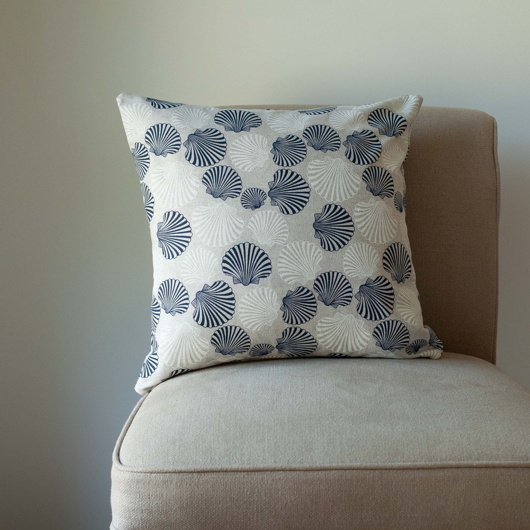 Linen Effect Seashells Cushion. Nautical Design in Marine Blue and ...