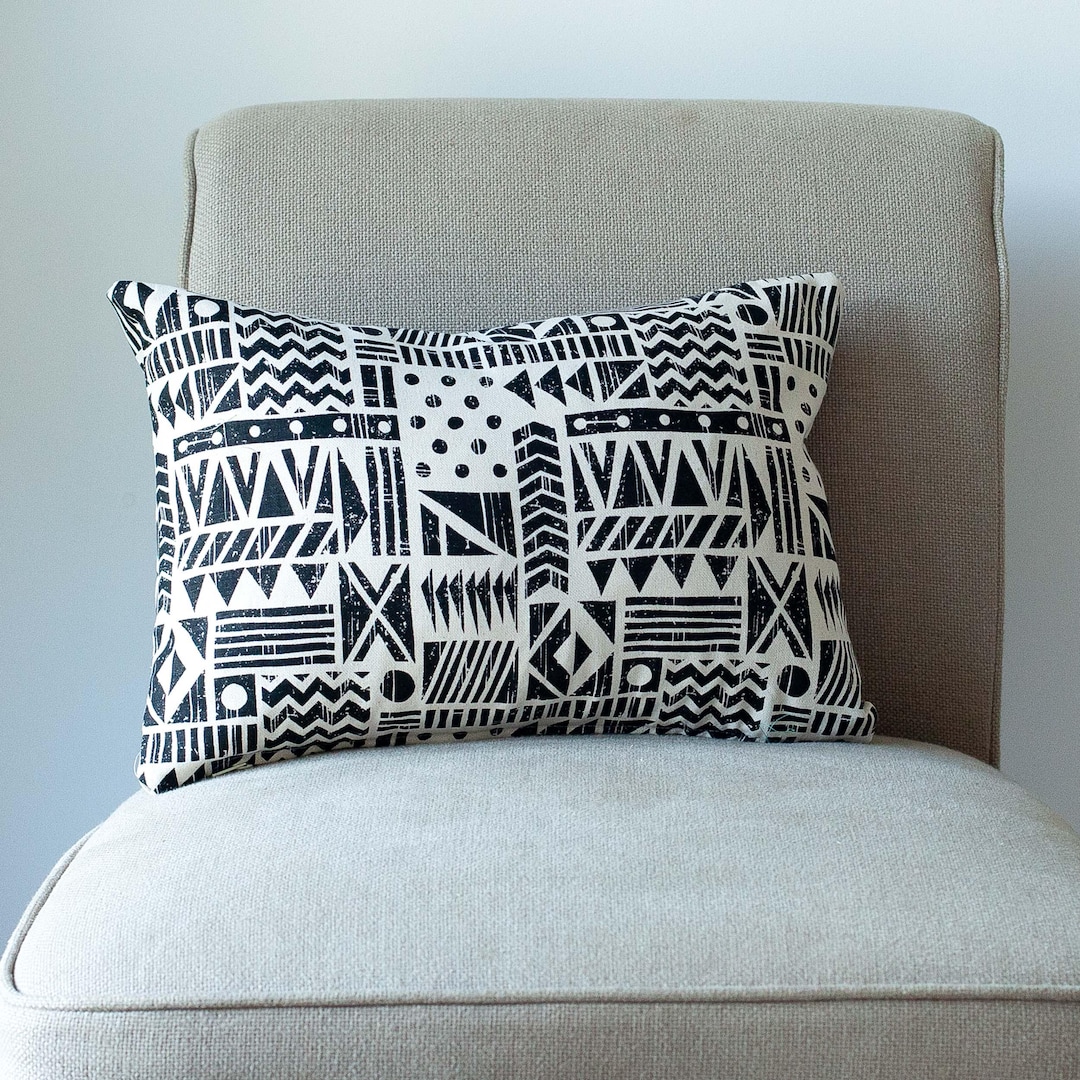 Monochrome Navajo Print Boudoir Cushion. Block-print Patchwork Abstract ...