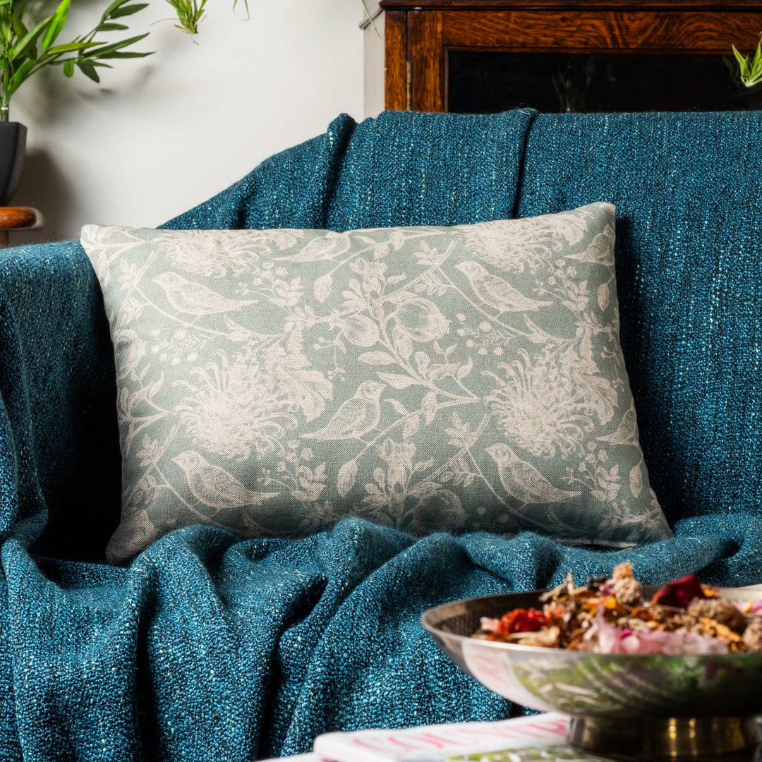 Aviary Toile Boudoir Cushion Cover in Duck Egg Blue. Cottagecore Shabby ...