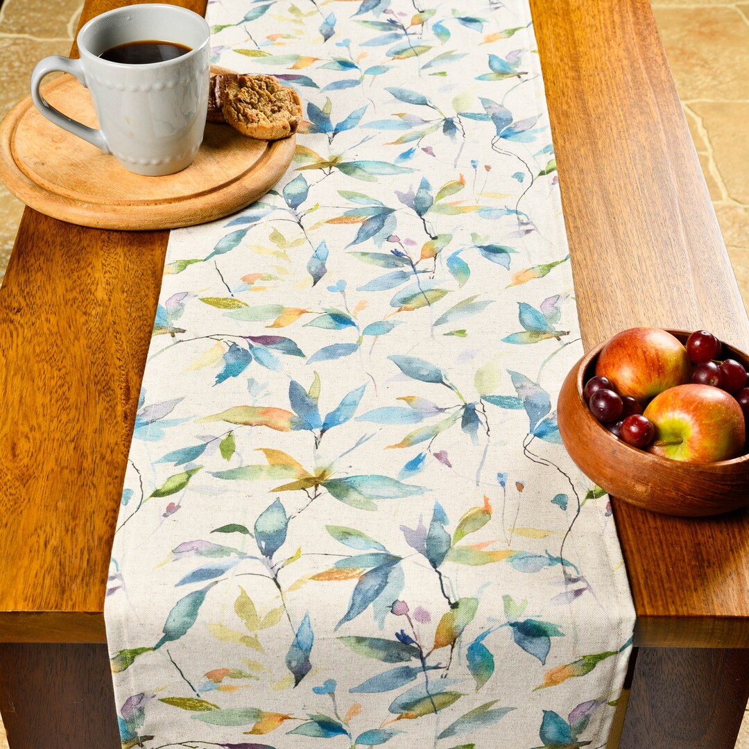 Watercolour Leaves Linen Blend Table Runner. Dainty Blue and Green ...