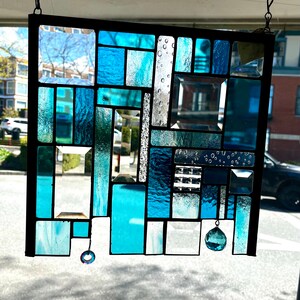 Stained Glass Blue Geometric Panel, Unique Glass Art, One of a Kind ...