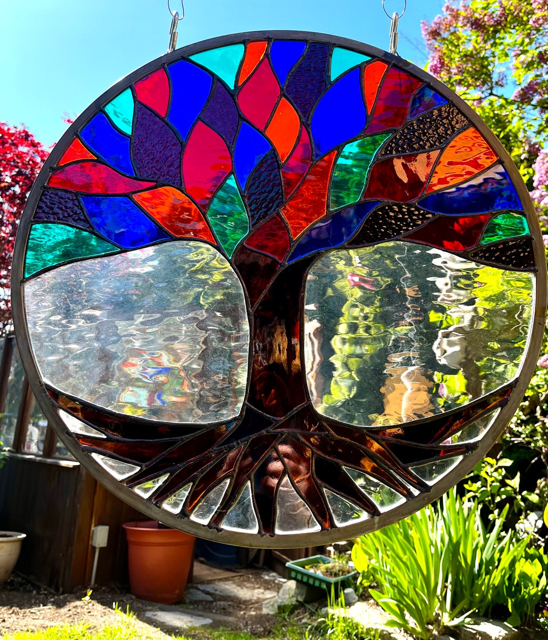 Stained Glass Rainbow Tree of Life, Round Glass Panel, Decorative ...