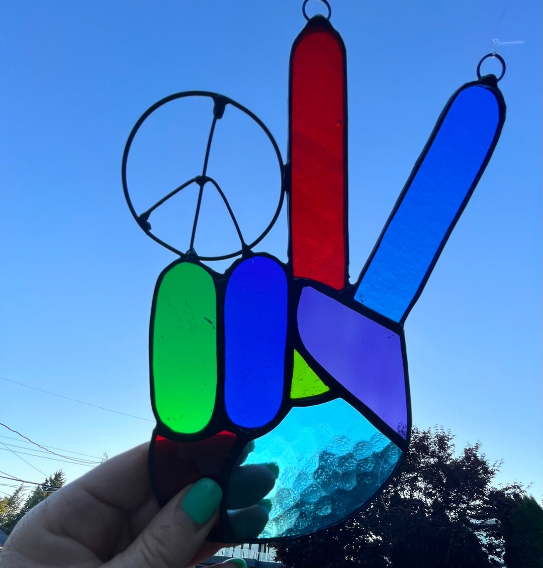Stained Glass Peace Sign 8 Inches by 5 Inches, Glass Ornament, Friend ...